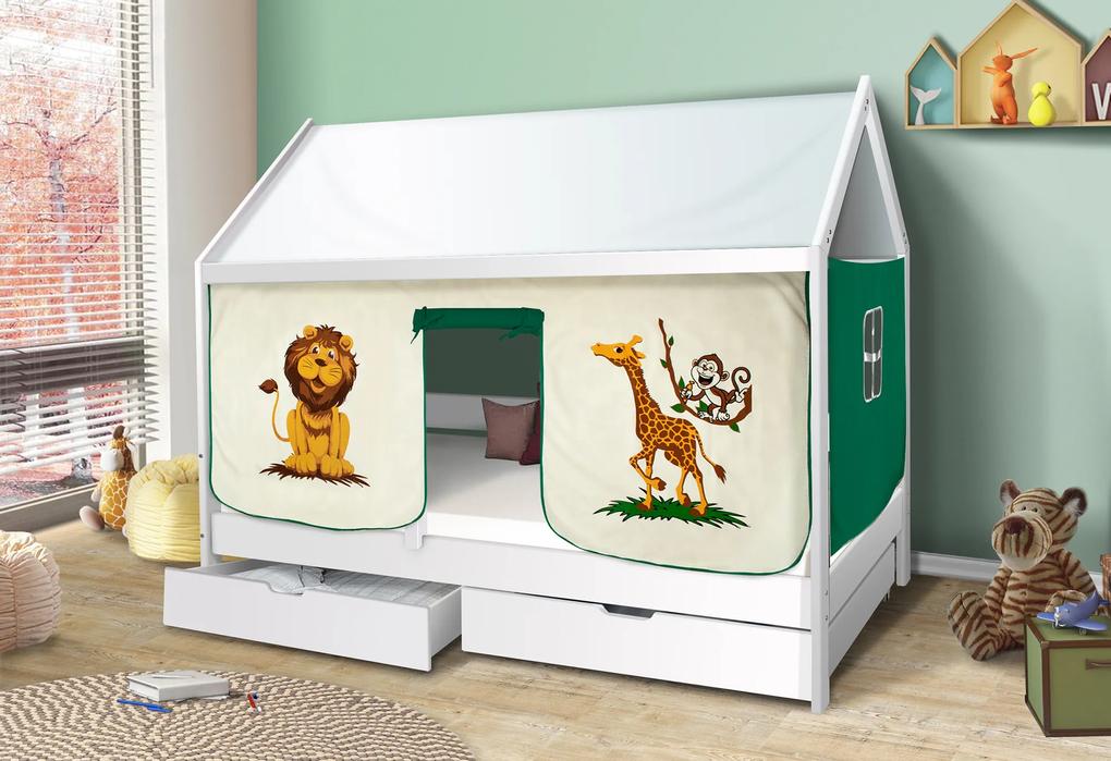 Dětská domečková postel Mike BÍLÁ 200 x 90 cm + domeček safari a stříška