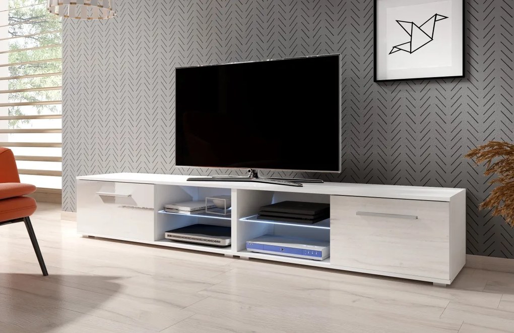 TV stolek MOON DOUBLE 200 cm s LED osvětlením bílý