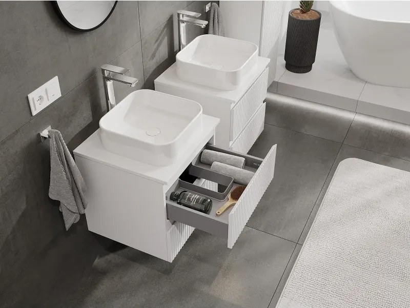 Mexen Rivel, koupelnová skříňka 50 cm s pracovní deskou, 2 zásuvky, drážkovaná, bílá matná, 91A20-05047-2-BFFC01