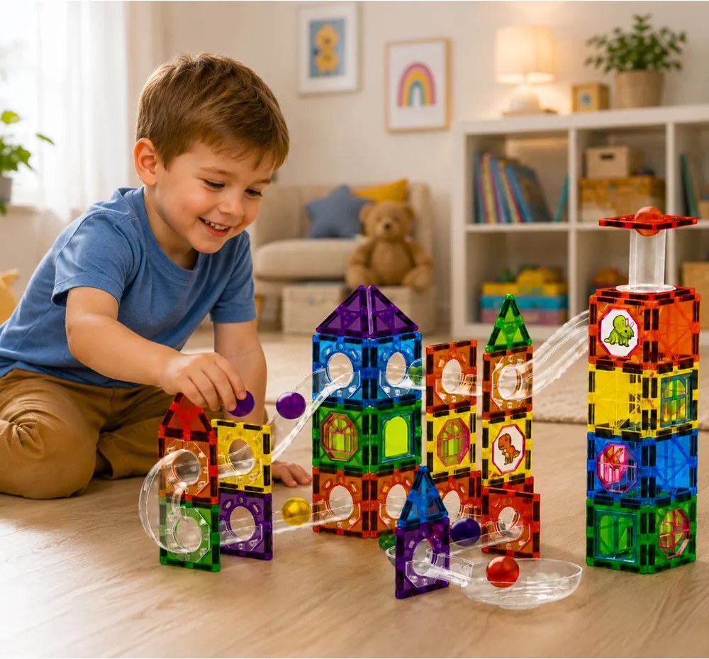LEAN Toys Magnetické stavební kostky – dráha pro kuličky STEM s motivem dinosaurů, 92 dílů
