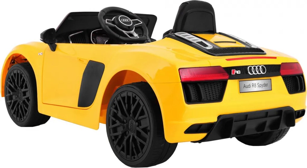 Ramiz Elektrické autíčko Audi R8 Spyder pro děti žluté + dálkové ovládání + EVA + pomalý start + rádio MP3 + LED