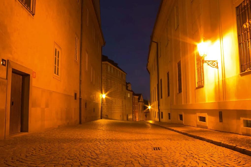 DIMEX | Samolepicí vliesová fototapeta na zeď Noční ulice Prahy MA-5-0738 | 375 x 250 cm | modrá, žlutá, oranžová