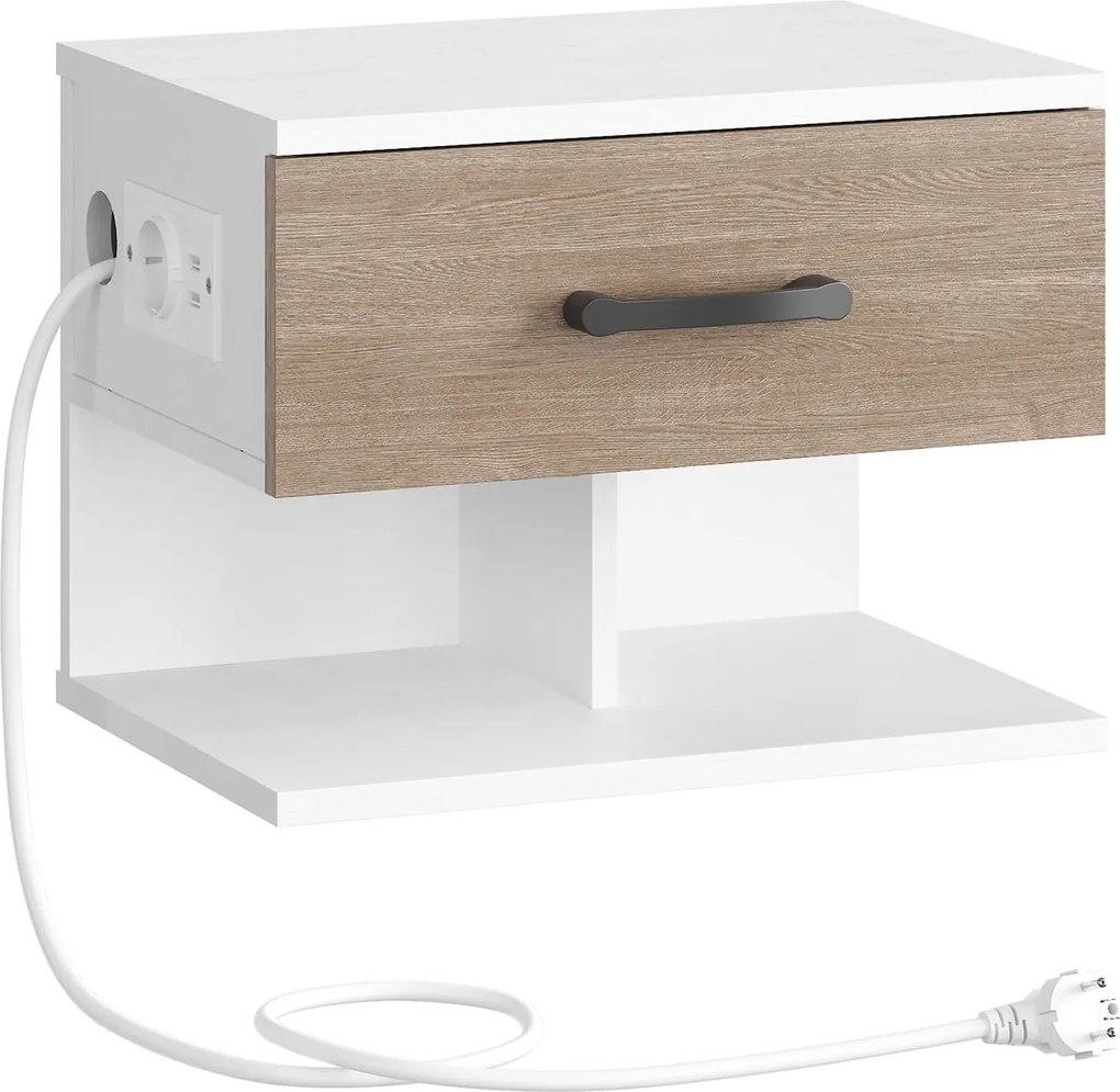 Závěsný noční stolek Verimi s nabíjecí stanicí 38 cm bílý/hnědý