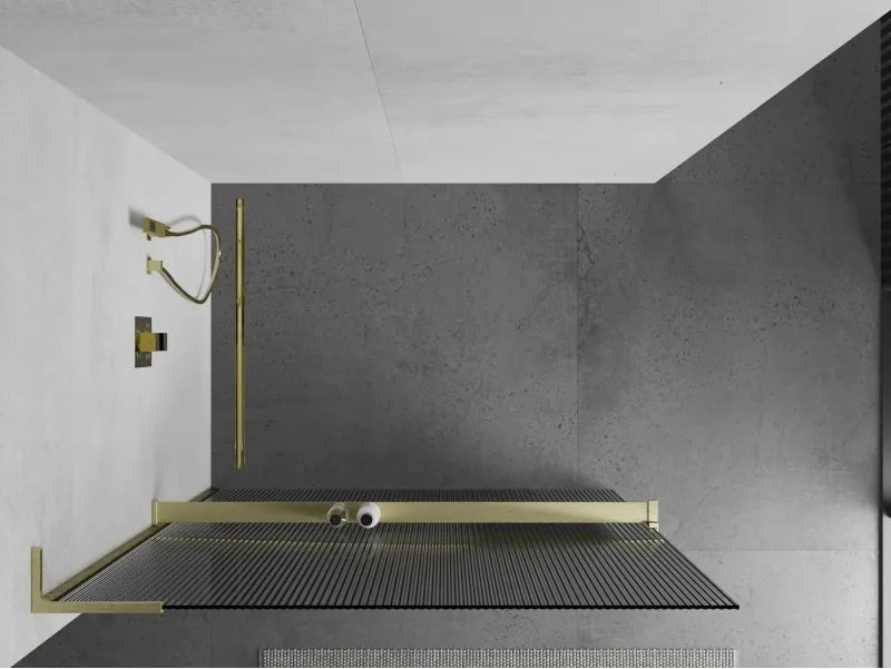 Mexen Kioto+ L, sprchová zástěna Walk-In s poličkou a věšákem 120 x 200 cm, 8mm sklo s žebrovým vzorem, zlatý matný profil, 800-120-123-55-09
