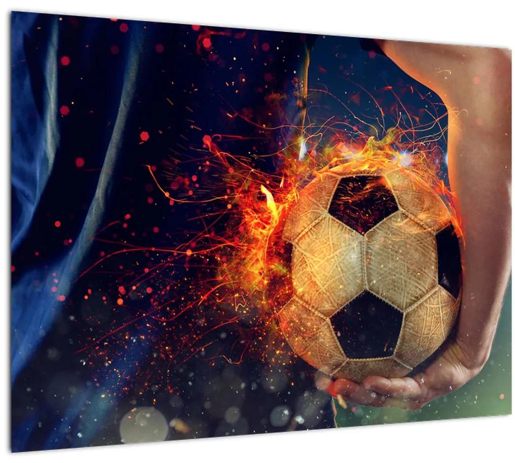Skleněný obraz - Fotbalový míč v ohni (70x50 cm)