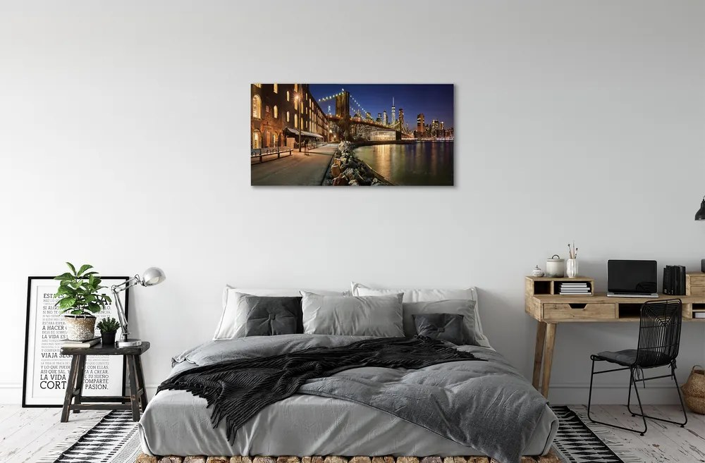 Obrazy na plátně Noční řeka mrakodrapy 100x50 cm