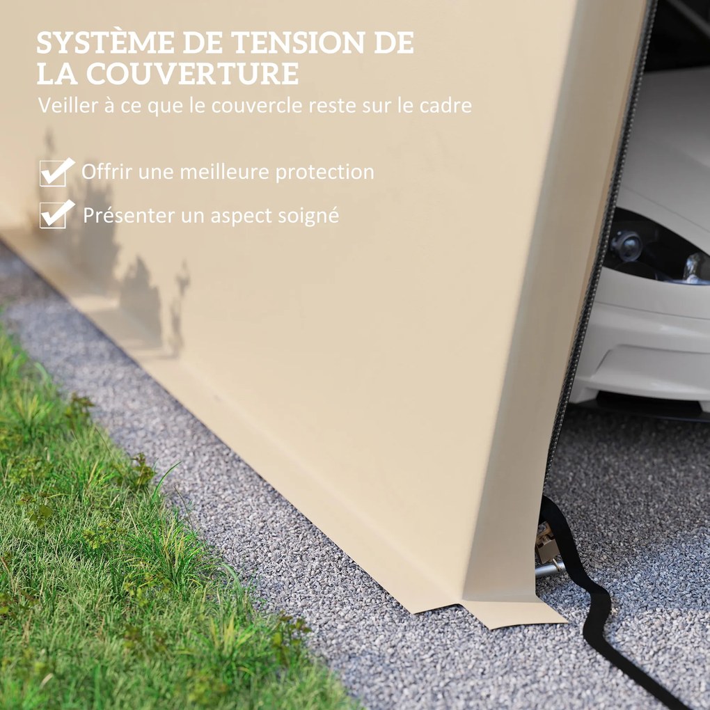 Carport stání Outsunny 6,2L x 3,3W x 2,4H m, Pevný pozinkovaný ocelový rám, voděodolný polyethylen 150 g/m², Anti-UV, 1 Khaki dveře a 2 větrání