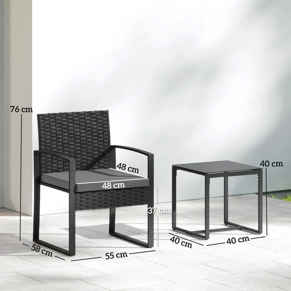 Ratanový bistro set, 3dílná sada zahradního nábytku se 2 zahradními židlemi, konferenčním stolkem, odnímatelnými polštáři tmavě šedá