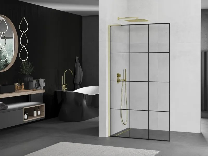 Mexen Kioto L, sprchová zástěna Walk-In 100 x 200 cm, 8mm čiré sklo černý vzor, zlatý lesklý profil, 800-100-103-50-77