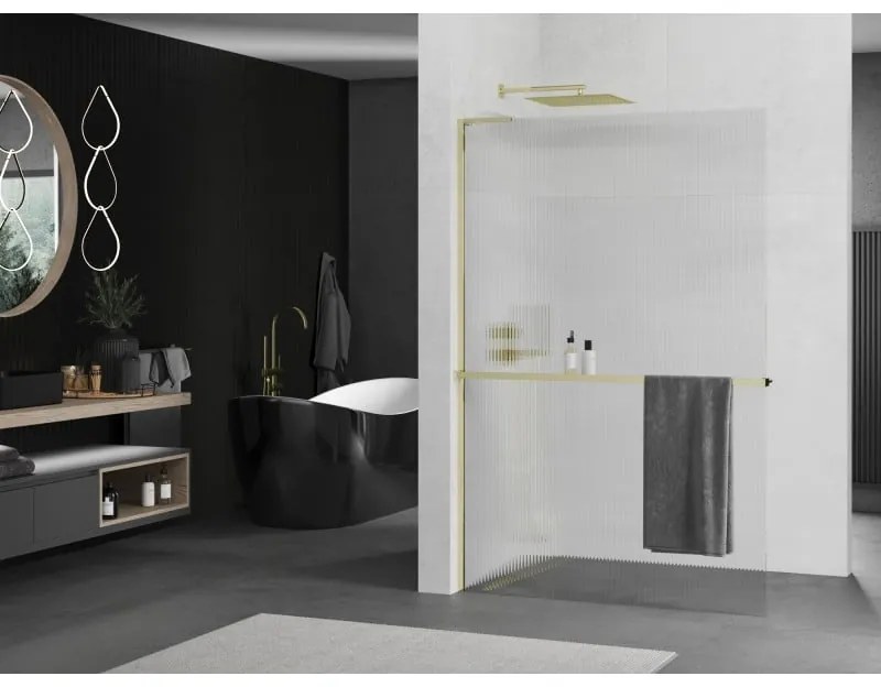 Mexen Kioto+ L, sprchová zástěna Walk-In s poličkou a věšákem 110 x 200 cm, 8mm sklo s žebrovým vzorem, zlatý lesklý profil, 800-110-123-50-09