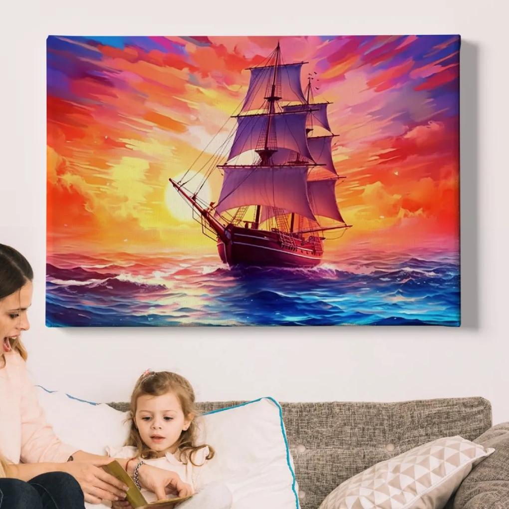 Obraz na plátně - Velká plachetnice na moři při západu slunce FeelHappy.cz Velikost obrazu: 120 x 80 cm
