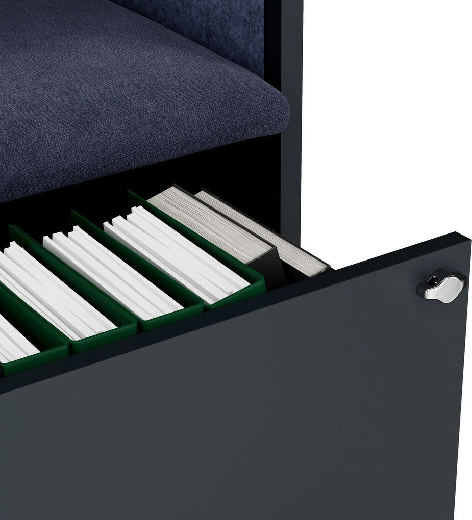 Kancelářská akustická kabina se sedátkem a USB-C portem, korpus antracitový / sedák námořnická modrá, 600 mm: SALLY MentalBox