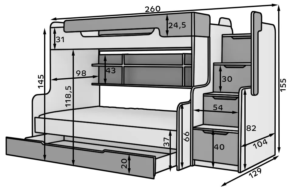 ADRK Patrová postel HARELL, CH-HAR-W-G, bílá/šedá