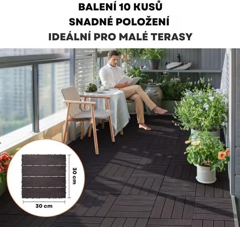 ConSys Plastové dlaždice 30x30x1,5 cm PP 67295 sada 10 kusů tmavě hnědá