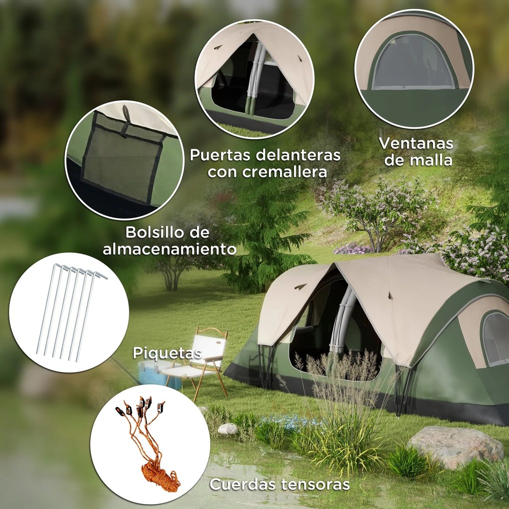 Outsunny Rodinný Stan pro Kempování pro 6-8 Osob Skládací Kempingový Stan s 2 Místnostmi a Vodotěsnou Taškou pro Turistiku 450x215x180 cm Olivově Zel…