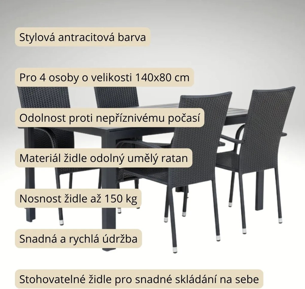 Vikio Zahradní ratanový set 140x80 pro 4 osoby DT255 antracit