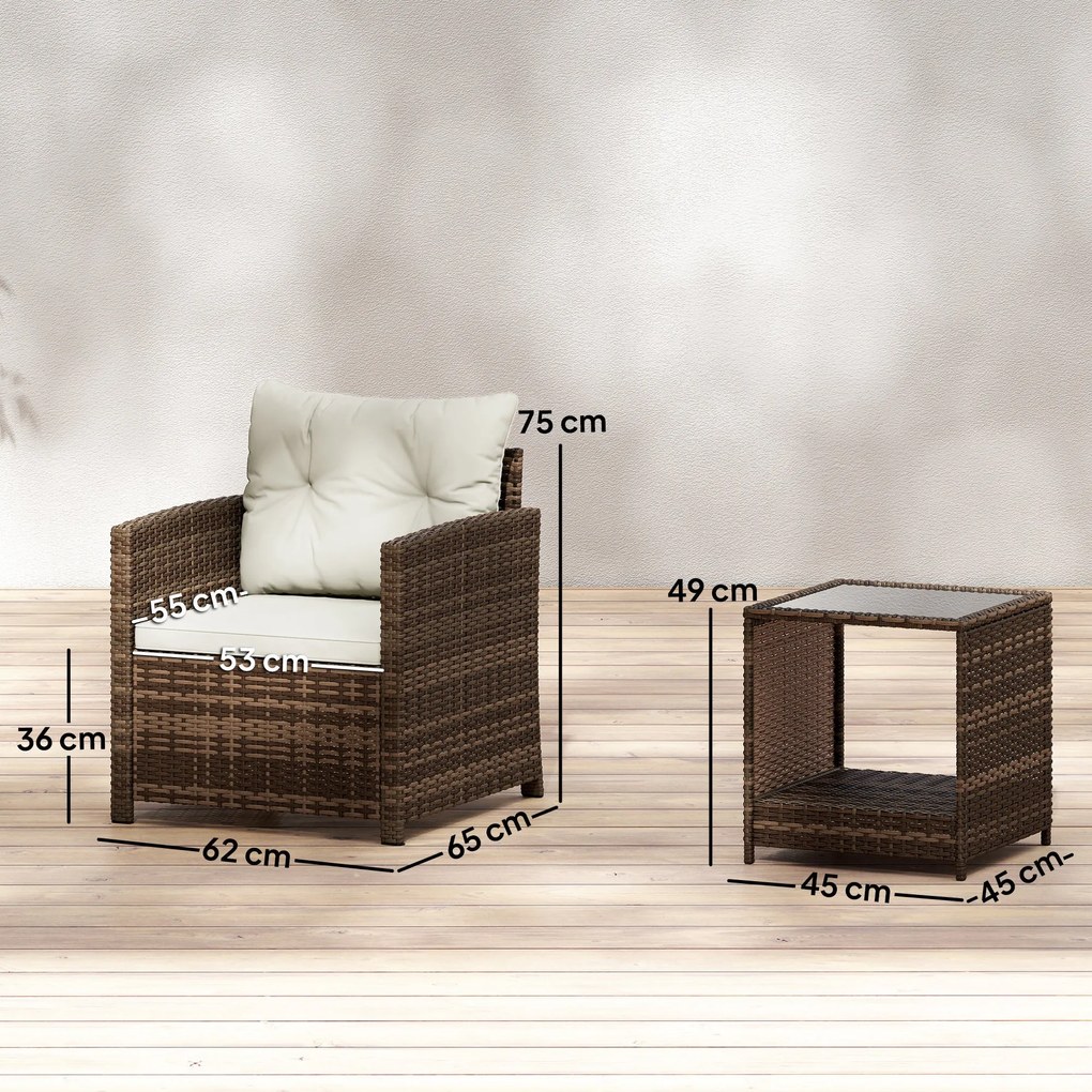 Outsunny 3dílný PE ratanový zahradní set — 2 křesla s polstrováním a konferenční stolek se skleněnou deskou, hnědá/krémová — balkon/terasa