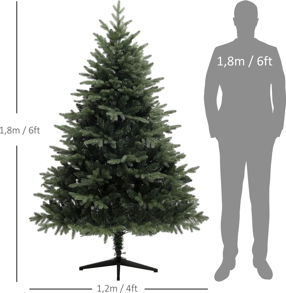 HOMCOM 180 cm umělý vánoční strom ve tvaru jedle s 1696 větvičkami a skládací kovovou základnou, vánoční strom pro domov nebo kancelář, zelený