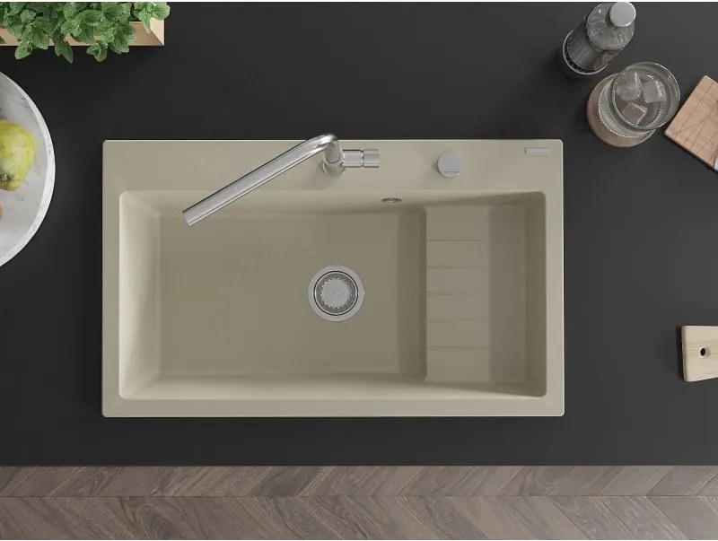 Mexen Omar granitový dřez s jednou komorou 800 x 480 mm, béžový, chromový sifon - 6520801005-69