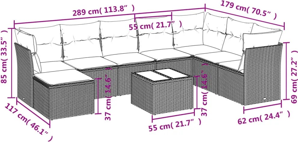 9dílná zahradní sedací souprava s poduškami černá polyratan 3249895