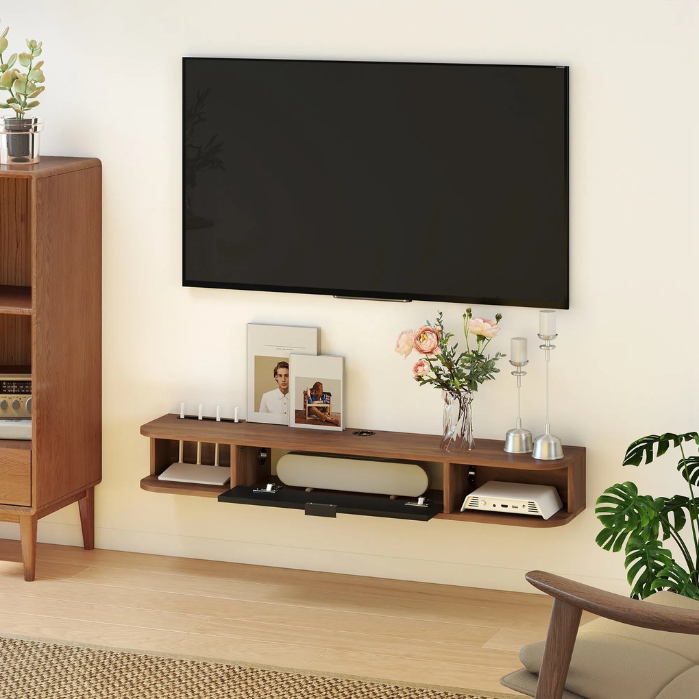 HOMCOM televizní stolek až do 127 cm, závěsný se sklápěcí zásuvkou, 2 otevřené police a průchod kabelu, 120x24x16 cm, ořech