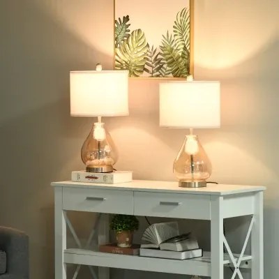 HOMCOM Sada 2 nočních lampiček s paticí E27, 40W, sklo, len, ocel, jantarová barva, Ø30 x 56H cm