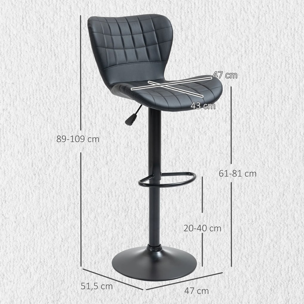 HOMCOM barová židle sada 2 ks retro design výškově nastavitelná 360° otočná černá kůže pro domácí kancelář stabilní 47 x 51,5 x 89-109 cm