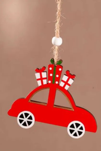 Vesna | Závěsná dřevěná dekorace auto s dárkem 10 cm