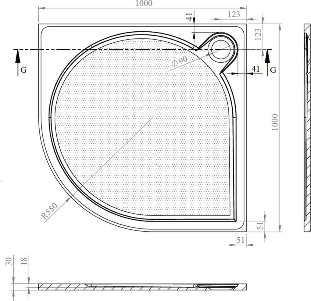 Gelco ARCA sprchová vanička z litého mramoru čtvrtkruh 100 x 100 cm R550 PA551