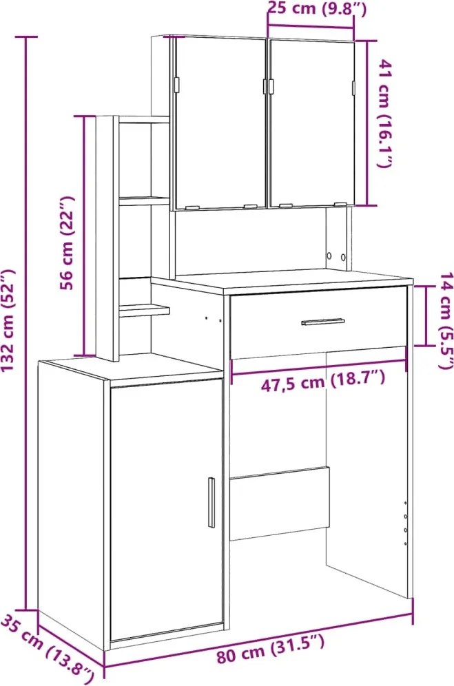 vidaXL Toaletní stolek se skříňkou 80 x 35 x 132 cm [848235] Barva: Betonová šedá