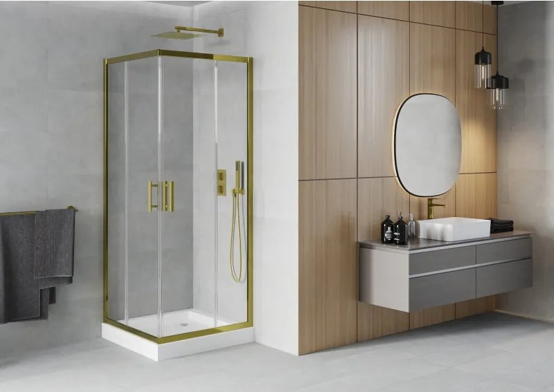 Mexen Rio, čtvercový sprchový kout s posuvnými dveřmi 70 (dveře) x 70 (dveře) x 190 cm, 5mm čiré sklo, zlatý profil + Rio sprchová vanička s chromovým sifonem, 860-070-070-50-00-451