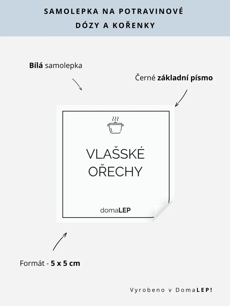 VLAŠSKÉ OŘECHY – bílá samolepka na dózu, základní písmo, 5 x 5 cm | DomaLEP