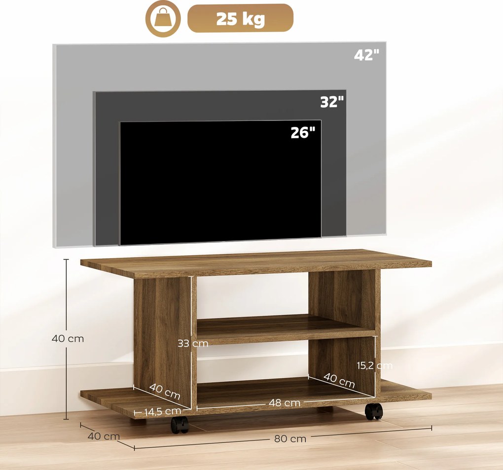 HOMCOM TV stolek s kolečky 80 cm, televizní nábytek pro televize až 107 cm s otevřenými policemi, černý