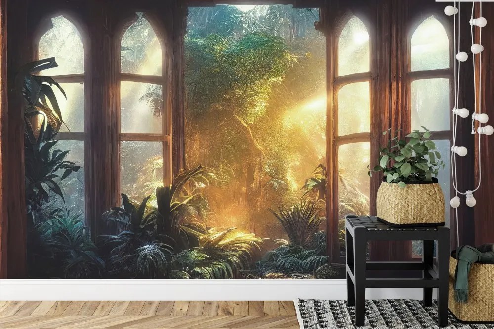 Fototapeta A Large Arch-Shaped Window, A Portal In The Dark Mystical Forest, The Sun&amp;#039;s Rays Pass Through The Window And Trees, Shadows. Fantasy Beautiful Forest Fantasy Landscape. 3D . Hladký vinyl 360x240