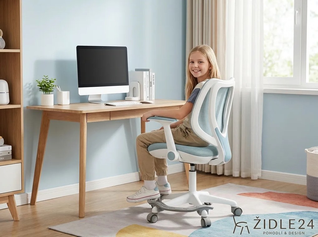 Dětská židle s podnožkou CORINNE - modrá síťovina