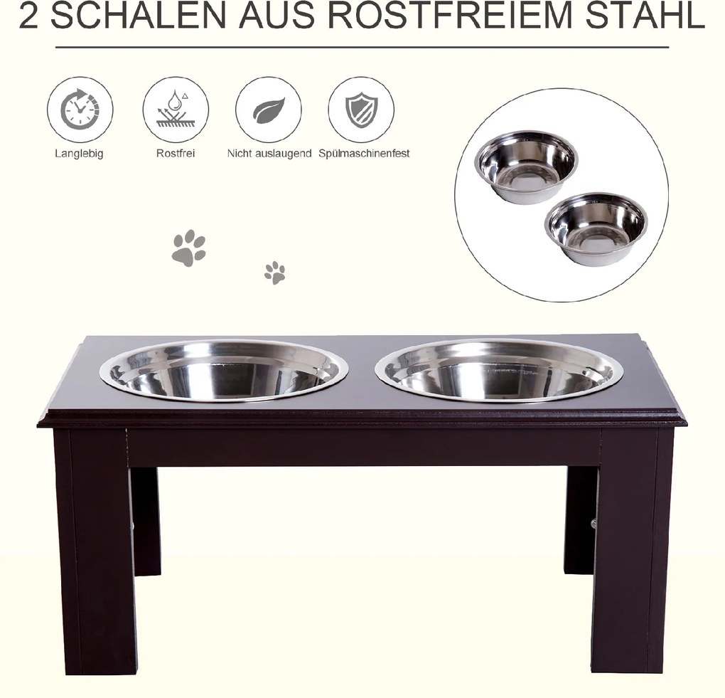PawHut Vyvýšená miska pro psy s nerezovými miskami, miska na krmivo z MDF v barvě kávy, 58,4 x 30,5 x 25,4 cm, ideální pro domácí zvířata | Aosom.de