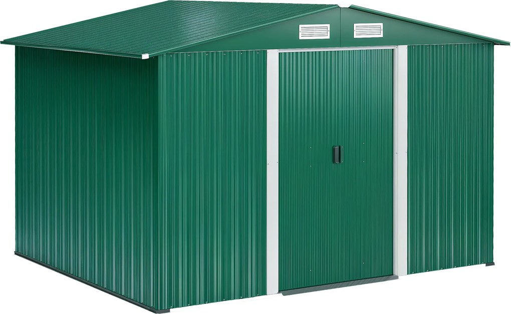 Zahradní kůlna Outsunny 258x206x178 cm 5.3m² s posuvnými dveřmi a ventilací pro ukládání zahradních nástrojů Zelená | Aosom