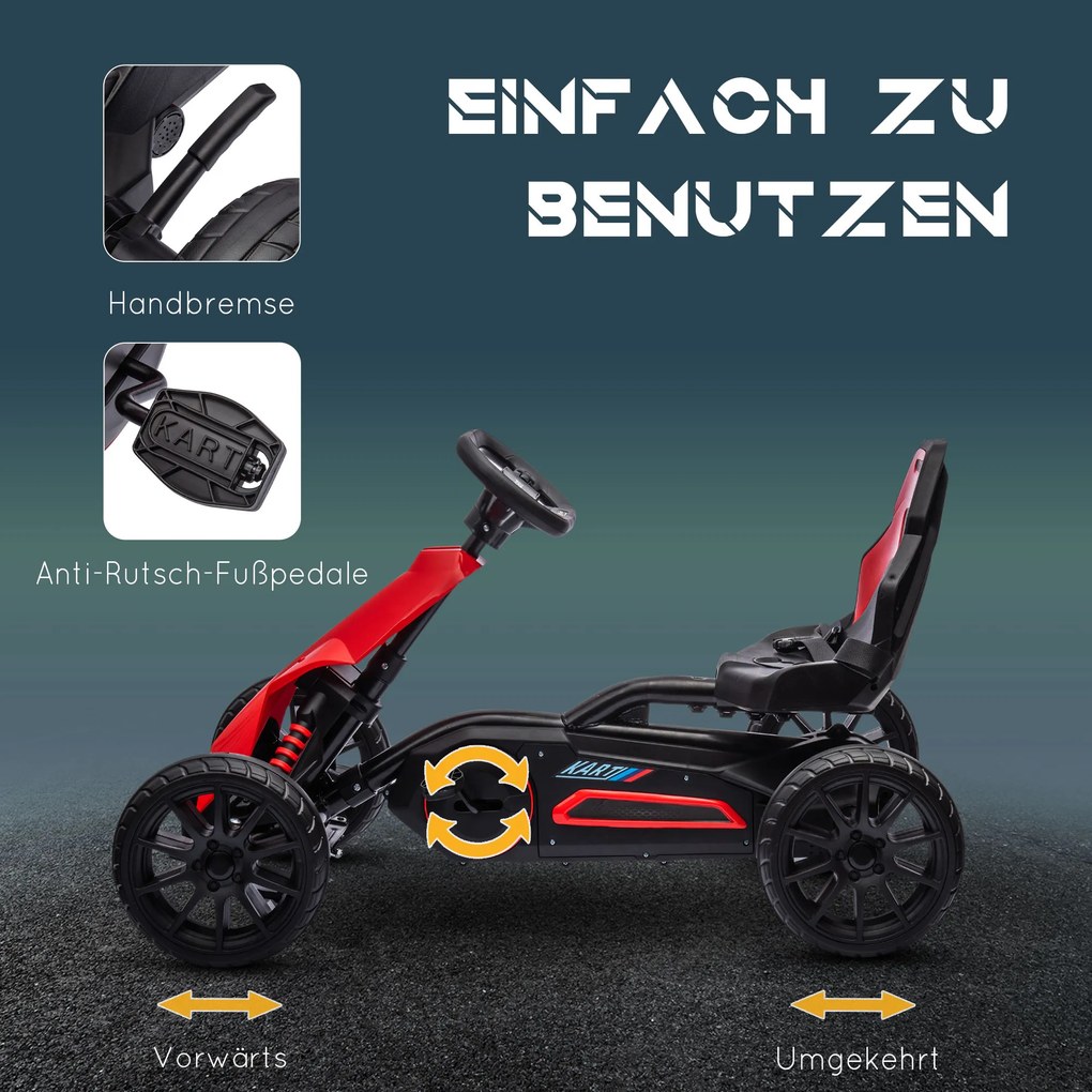 HOMCOM motokára dětské šlapací auto s nastavitelným sedadlem a ruční brzdou pro děti ve věku 3-8 let, čtyřkolka pro venkovní zábavu