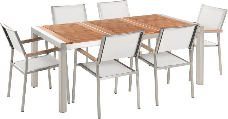 Souprava zahradního nábytku mahagonová deska 180 cm 6 bílých židlí GROSSETO