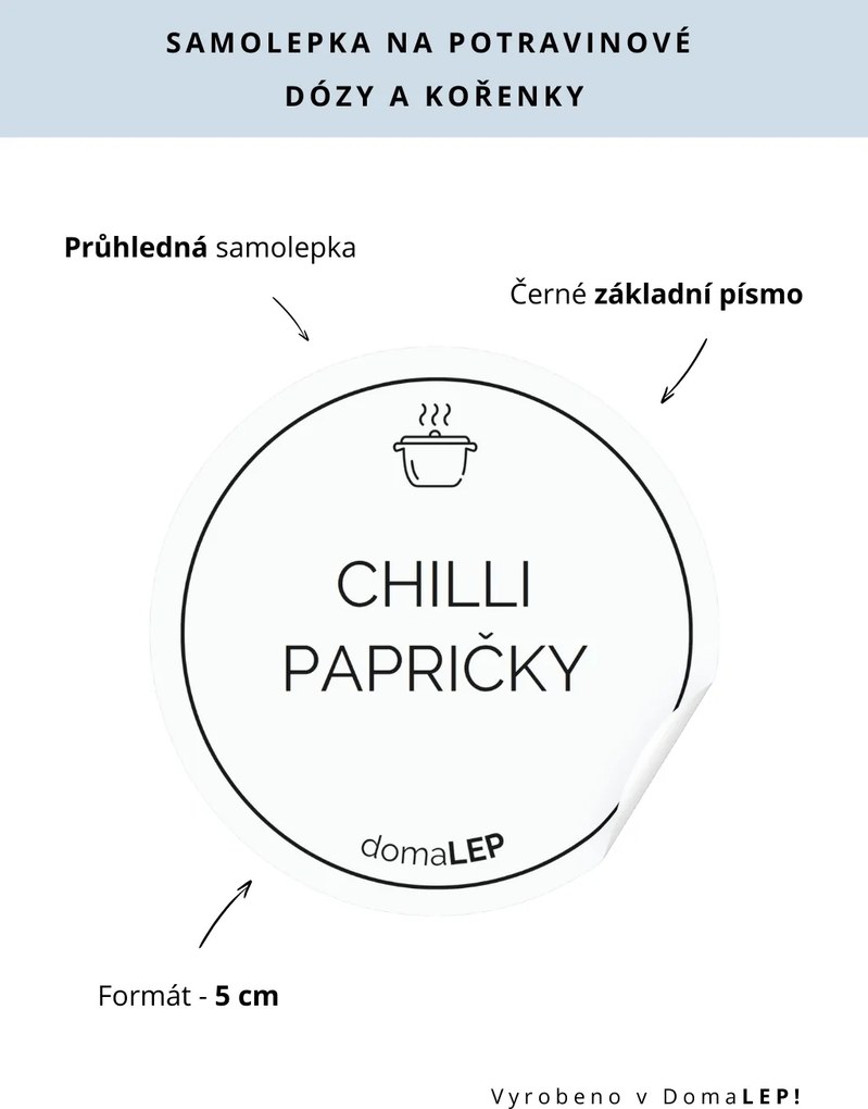 Samolepka na kořenky CHILLI PAPRIČKY průhledná 5 cm základní písmo
