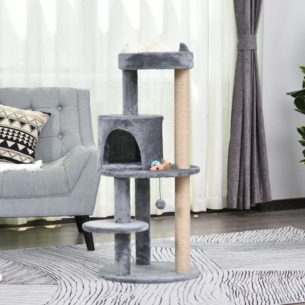 PawHut kočičí strom 4-patrová kočičí jeskyně s míčky na hraní a bidýlkem sisalový sloupek škrabadlo plyšové šedé 48x48x104cm pro kočky | Aosom.de