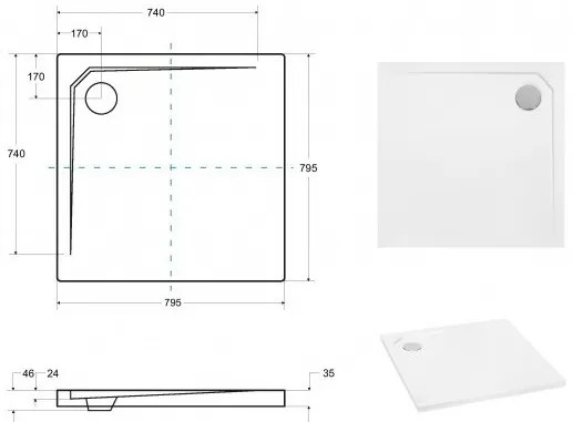 BESCO Čtvercová sprchová vanička ACRO Rozměr A - 90 cm, Rozměr B - 90 cm - VANKACRO90