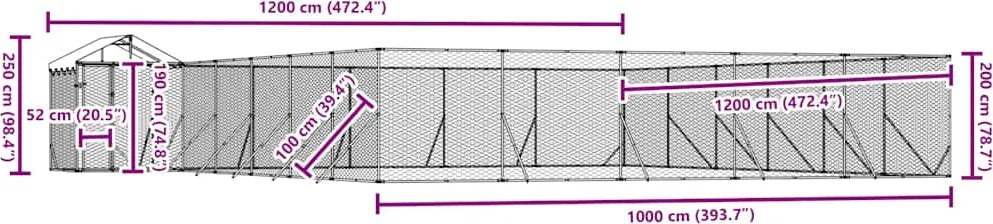 Venkovní psí kotec se střechou stříbrný 12 x 12 x 2,5 m ocel 3190474