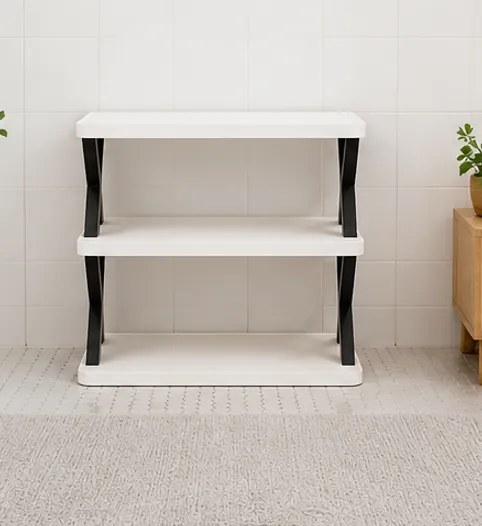 botník, 3 patra, plast, 34x24x26 cm, bílá/černá, Dekorino BB20260051