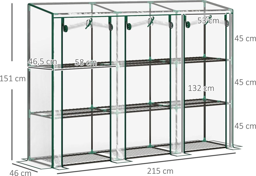 Outsunny Malý Skleník pro Exteriér se 3 Úrovněmi Polic, Sklopnými Zipovými Dveřmi a Ocelovým Rámem pro Pěstování Rostlin a Květin 215x46x151 cm Průhl…