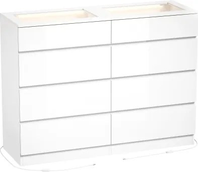 HOMCOM komoda se 8 zásuvkami a 2 přihrádkami na šperky, horní deska z tvrzeného skla, LED osvětlení a ovládání přes Bluetooth, bílá