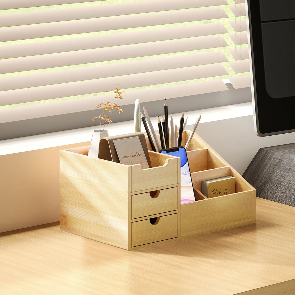 HOMCOM Stolní organizér Kancelářský box se 2 zásuvkami pro pořádek a organizaci, přírodní, D33 x Š20,5 x V15,5 cm