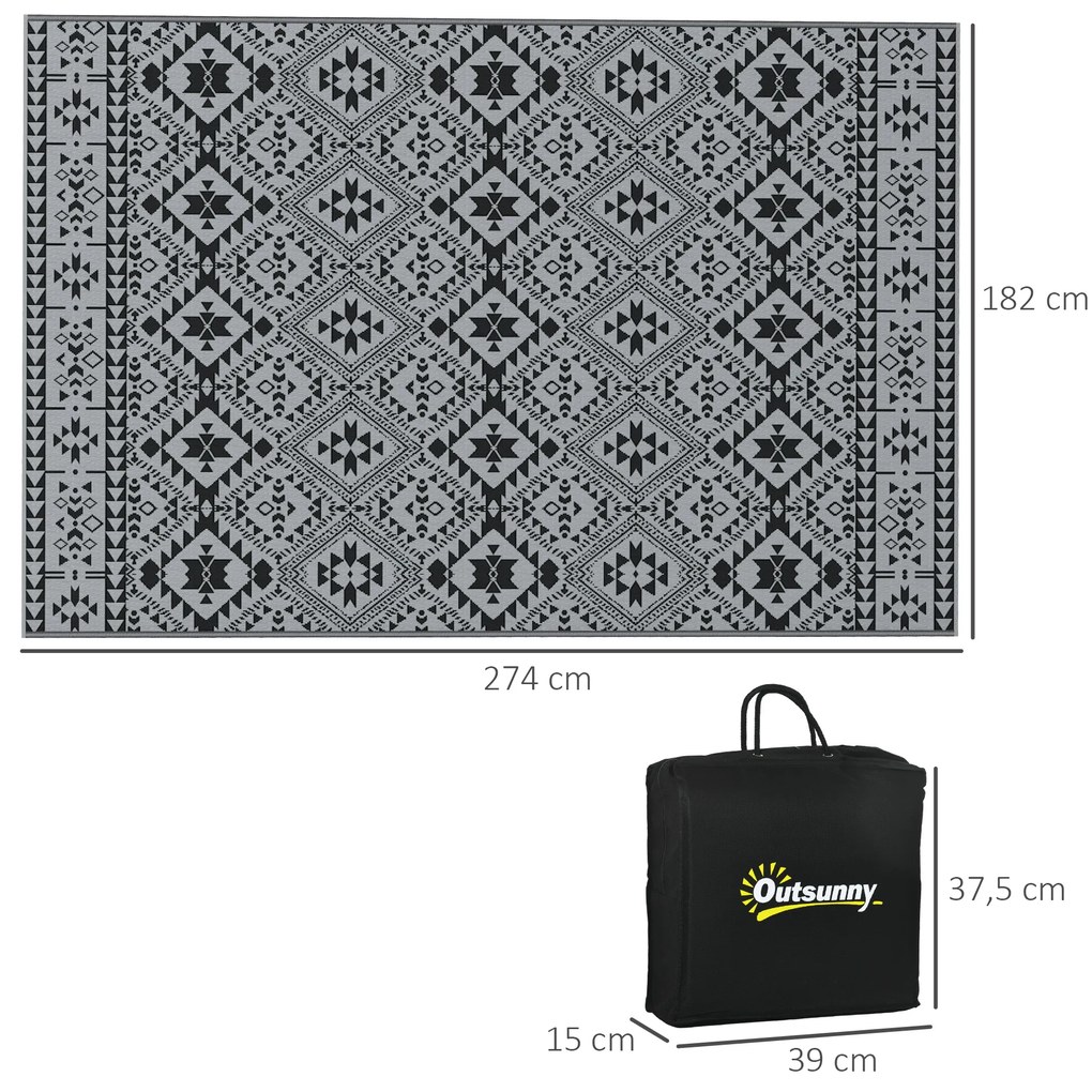 Venkovní balkonový koberec Outsunny, voděodolný, geometrický, šetrný k životnímu prostředí, pro kempování a terasu, výška: 3 mm, černý+šedý, 182 x 27…