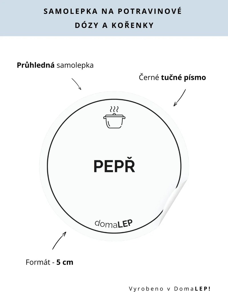 Samolepka na kořenky PEPŘ průhledná 5 cm tučné písmo