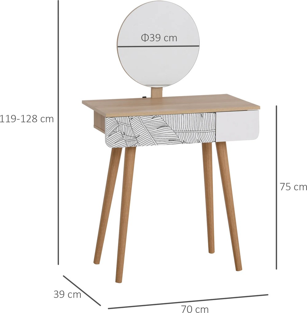 HOMCOM Toaletní stolek s kulatým zrcadlem Ф39cm, Toaletní stolek se zásuvkou s dekorací džungle, Bílý a dubový, 70x39x119-128cm